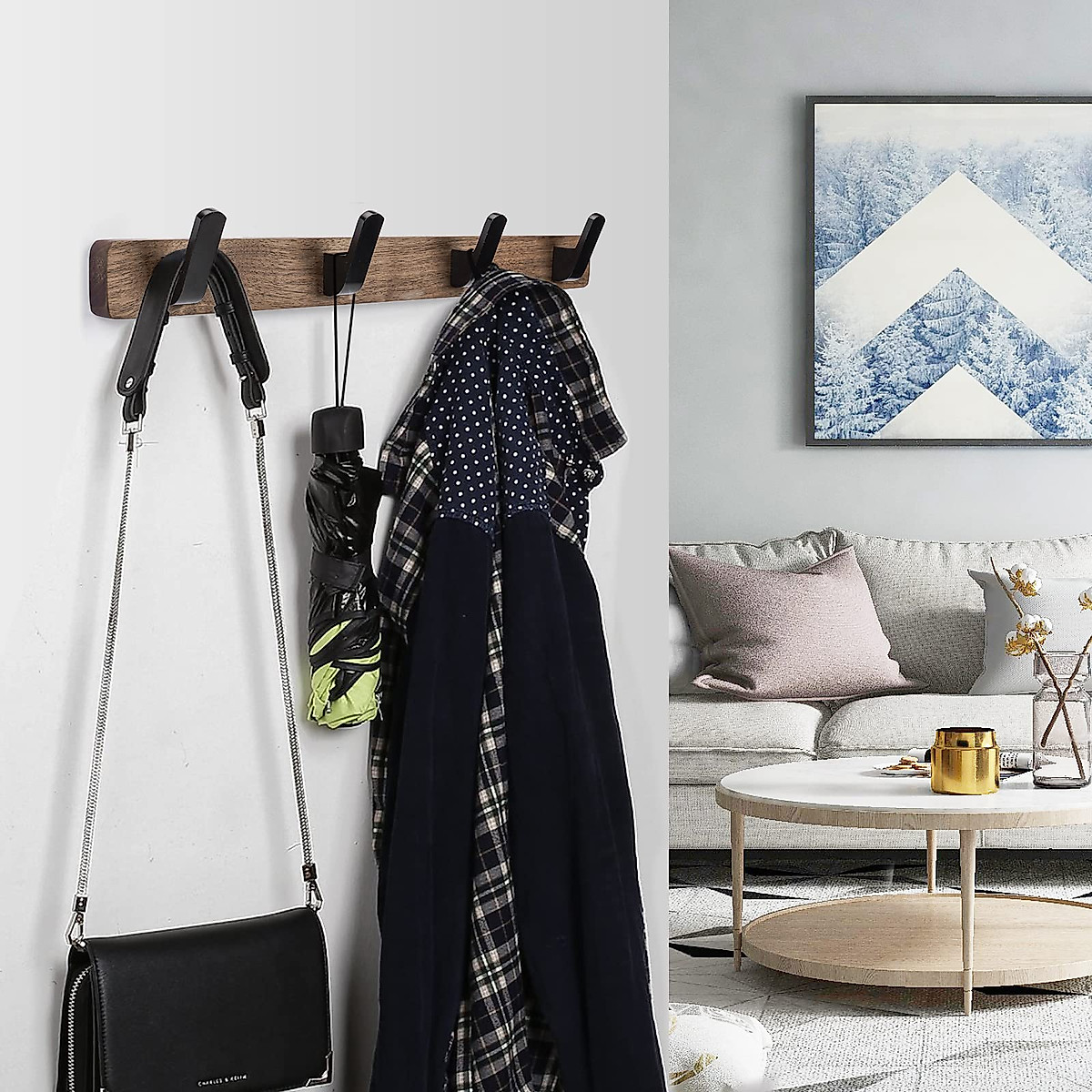 FATASTY Coat Hooks Wall Mount, Solid Walnut Wall Coat Rack with 4 Aluminum Hooks, 15.75 inches Coat Rack Wall Mount Hooks for Hanging Coats, Backpacks, Hats, Towels, Bags,etc.