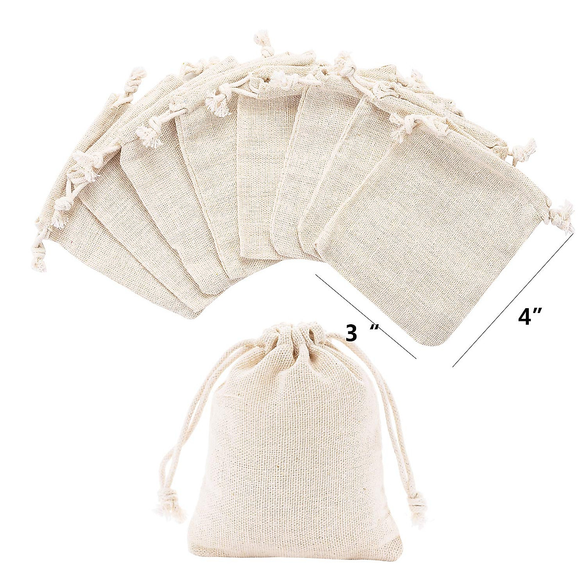 handrong 100pcs Small Cotton Double Drawstring Bags Reusable Muslin Cloth Gift Candy Favor Bag Jewelry Pouches for Wedding DIY Craft Soaps Herbs Tea Spice Bean Sachets Christmas, 3x4 inch