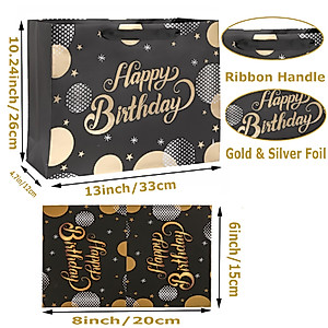 U'COVER 13" Black Happy Birthday Gift Bags Medium Size for Men Gold & Silver Foil Polka Dots Gift Bag with Handles for Father Husband with Card & Tissue Paper (Black & Golden)