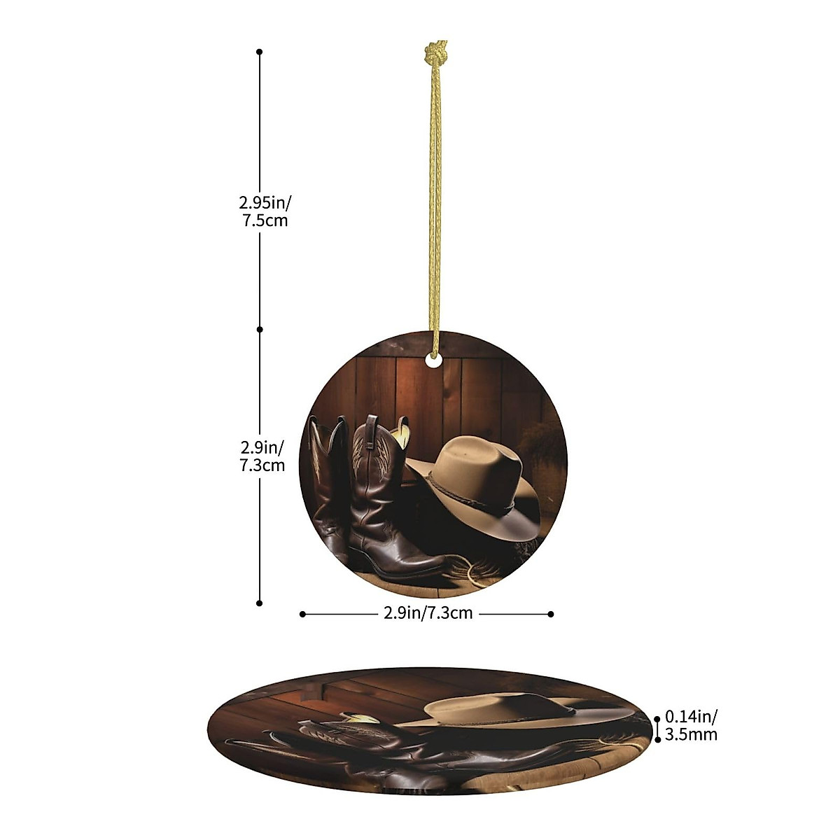 Christmas Ornaments Round Ceramic Ornaments Cowboy Black Hat Western Boots Printed Christmas Tree Ceramics Hanging Ornament for Xmas Holiday Party Decorations