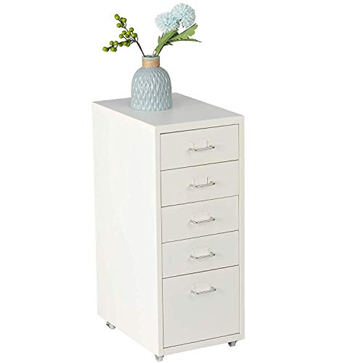 LONABR 5 Drawer Chest Metal Storage Dresser Cabinet with Wheels & Handle Slim Night Table for Home Office Cabinets,White
