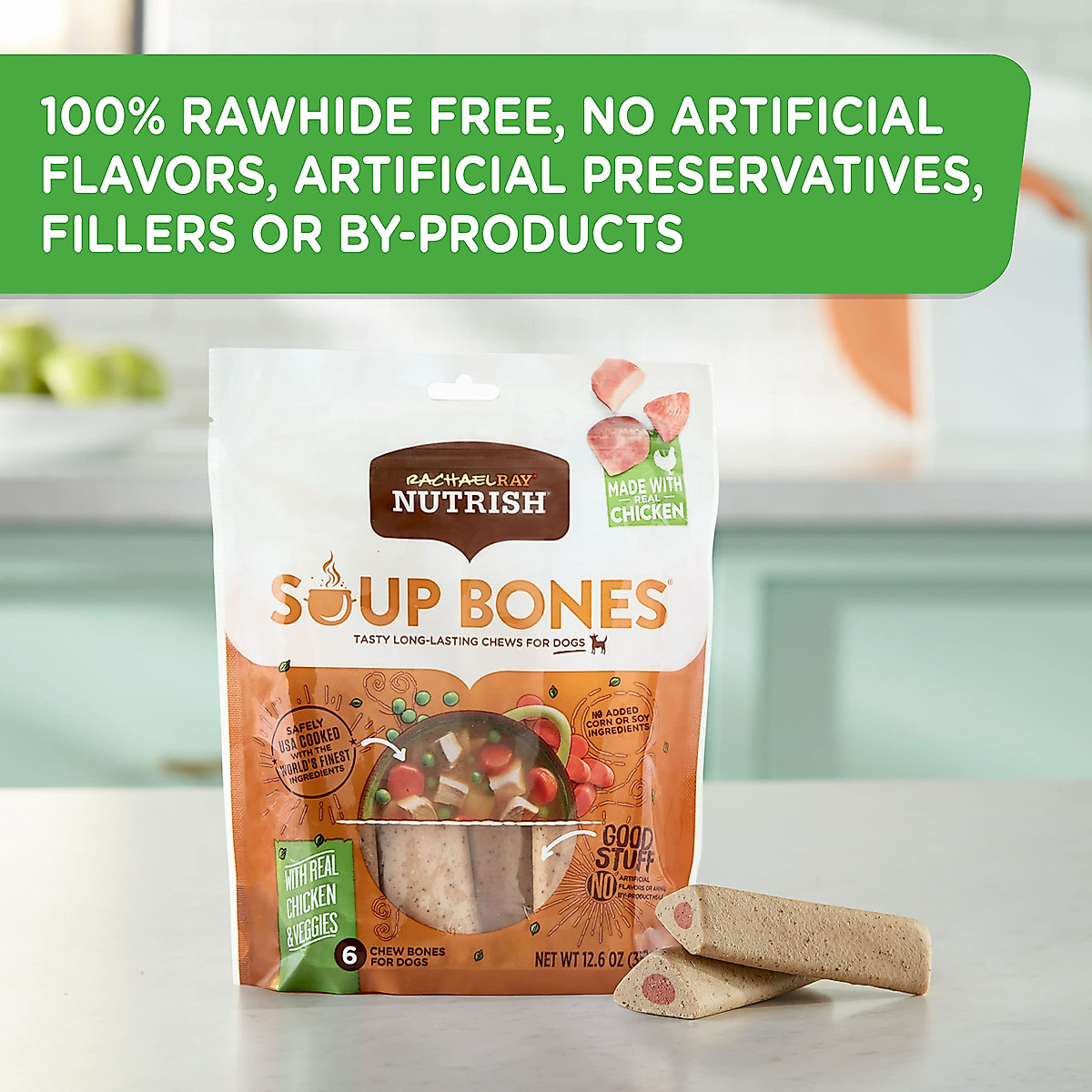 Rachael Ray Nutrish Soup Bones Dog Treats, Chicken & Veggies Flavor, 6 Bones