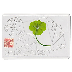 KIN-HEBI Real Four Leaf Clover, Preserved, Laminated Card, Gold Version, Cutting Picture “Good Luck & Cards Dices”, 3.54” x 2.36”