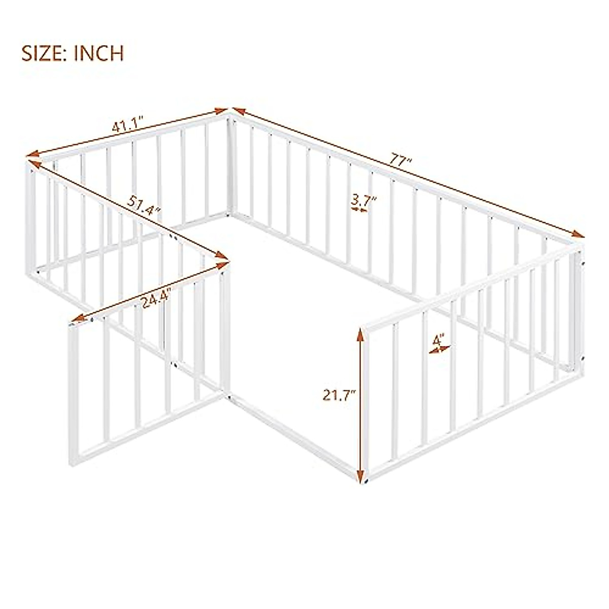 DNYN Twin Size Metal Floor Bed Frame with Door for Kids Bedroom,Metal Struture Bedframe w/Fence,No Box Spring Needed,77" x 41.1"x 21.7"H, White