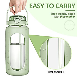 64oz Glass Water Bottles with Straw Time Marker Half Gallon Large Motivational Water Bottle with Silicone Sleeve 2L Big Glass Water Jug Bottle for Gym, Sports, Workout, Daily Green
