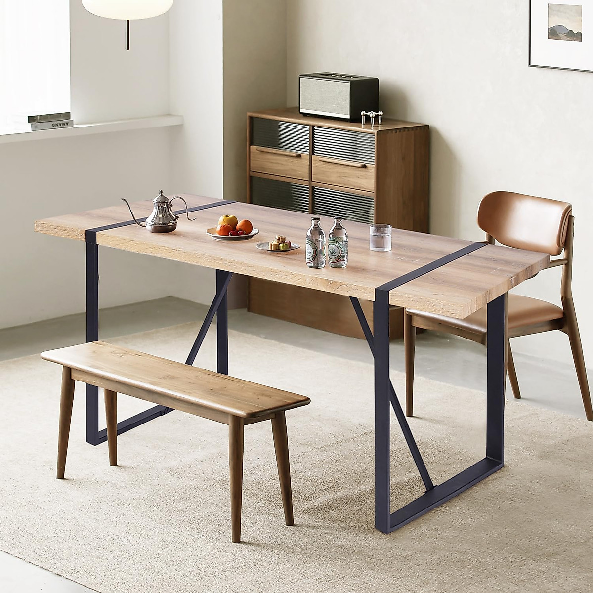 FurnitureR 55 Inch Rectangular Dining Table Large Home Office Desk with Heavy-Duty Wooden Tabletop and Metal Frame for Meals/Work/Gaming/Conference, Oak