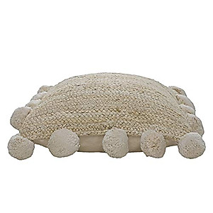 LR Home Natural Jute Poms Border Throw Pillow, 1 Count (Pack of 1), Tan