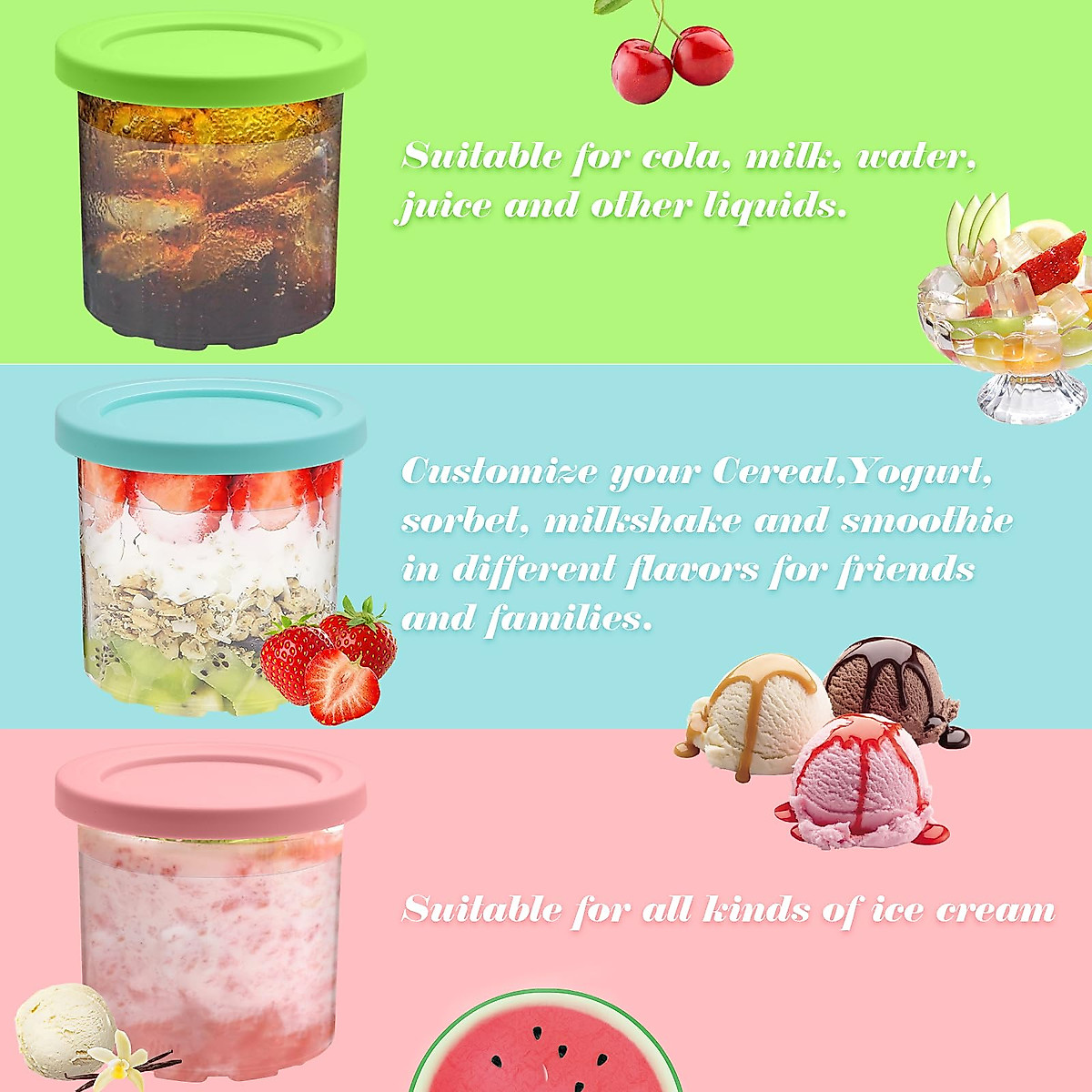 6 Pack Replacement Pint and Lid with Fork, SPOKKI Pint Containers with Silicone Lids, Compatible with Ninja Creami NC301 NC300s NC299AMZ Series, Airtight & Dishwasher Safe