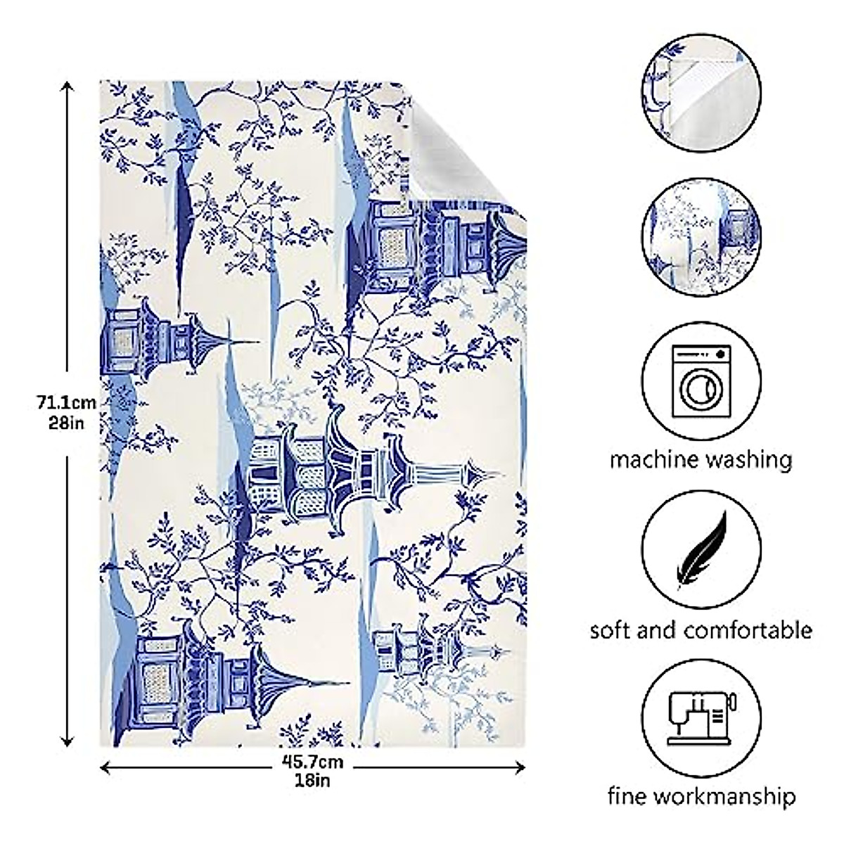 pnyoin Vintage Ink Pagodas Chinoiserie Style Kitchen Dish Towels with Hanging Loop Dishcloths Dish Rags Bar & Tea Towels Highly Absorbent Set of 4 for Cooking Drying Cleaning 18x28in