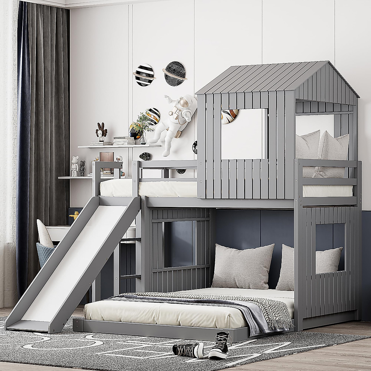 MERITLINE House Bunk Beds with Slide, Twin Over Full Bunk Bed for Kids with Playhouse Design, Wood Toddler Bunk Beds with Roof,Windows and Ladder for Boys or Girls, Gray