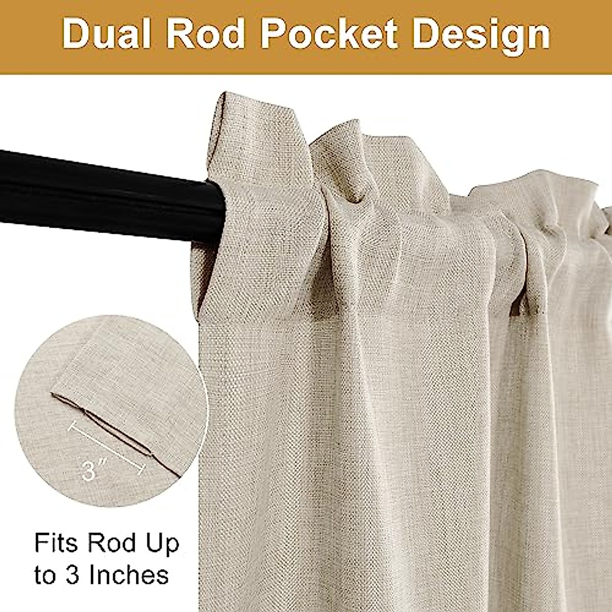 JIUZHEN Beige Faux Linen Curtains for Bedroom, Rod Pocket Thick Linen Semi Sheer Curtains 84 Inches Long Light Filtering Curtains & Drapes for Living Room, Set of 2 Window Curtain Panels, 52 x 84 Inch