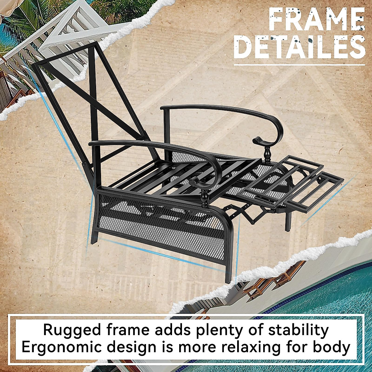 Patiomore Patio Adjustable Lounge Chair, Outdoor Recliner Metal Automatic Chaise Chair with Removable Cushions, Blue