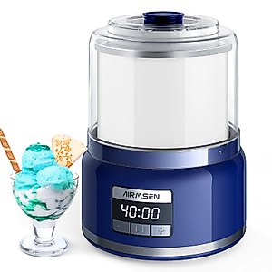 AIRMSEN Ice Cream Maker, 2.1-Quart Automatic Ice Cream Machine with LED Screen and Timer for Gelato Milkshakes Sorbet, Double-Insulated Freezer Bowl, Compact Size, Perfect for Family (Blue, Large)