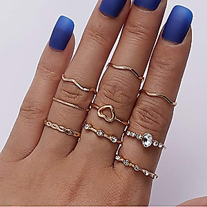 GRAEEN Knuckle Rings Index Finger Rings Hollow Love Rose Gold Ring Sets for Women (Pack of 9) (Style 1)