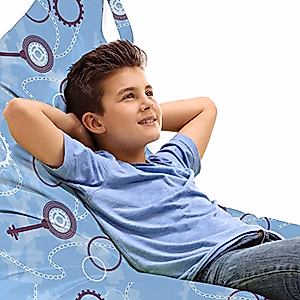 Ambesonne Steampunk Lounger Chair Bag, Key Gears Wheels and Chain Illustration Vintage Industrial Pattern, High Capacity Storage with Handle Container, Lounger Size, Pale Blue White Eggplant