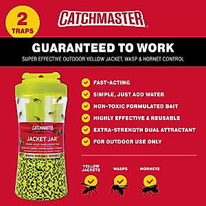 Catchmaster Yellow Jacket, Hornet, & Wasp Trap Jar 2-Pk, Reusable Bug Catcher with Attractant, Outdoor Flying Insect Trap, Wasp Killer Bug Trap, Pet Safe Pest Control for Backyard, Patio, & Shed