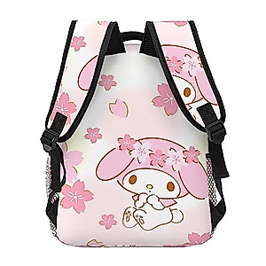 Cute My Bunny Melody And Flowers Backpack Cartoon My Bunny Melody Characters Backpack Double Shoulder Strap Adjustable Durable Laptop Bag Backpacks Lightweight Cute Travel Daypack With Keychain
