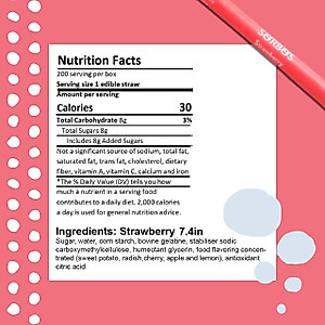 Sorbos Edible Straws, Strawberry Flavored, Sustainable, Individually Packaged, No Plastic, No Allergens, No Gluten, No PFAS, 100 Percent Biodegradable, 7.4 inches long (Pack of 200)