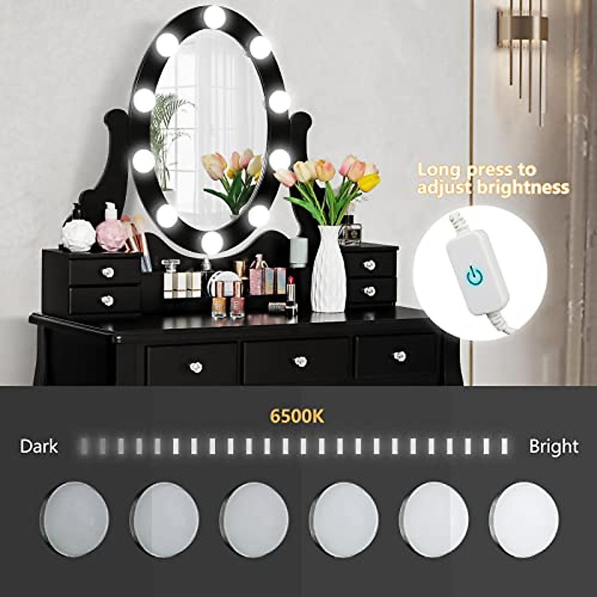 Quimoo Large Vanity Desk with LED Lighted Mirror & Power Outlet,Makeup Vanity Table with 7 Drawers,4 Shelves and 8 Hooks,for Bedroom,Bathroom,Black