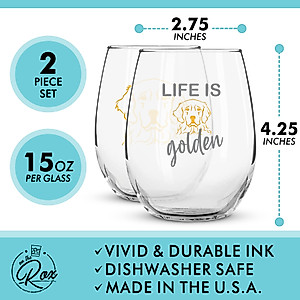 On The Rox Drinks Golden Retriever Gifts for Dog Lovers - Life Is Golden 15 oz Stemless Wine Glass Set of 2 - Cute Dog Face Glasses for Women - Funny Tumbler, Cup for Pet Lovers