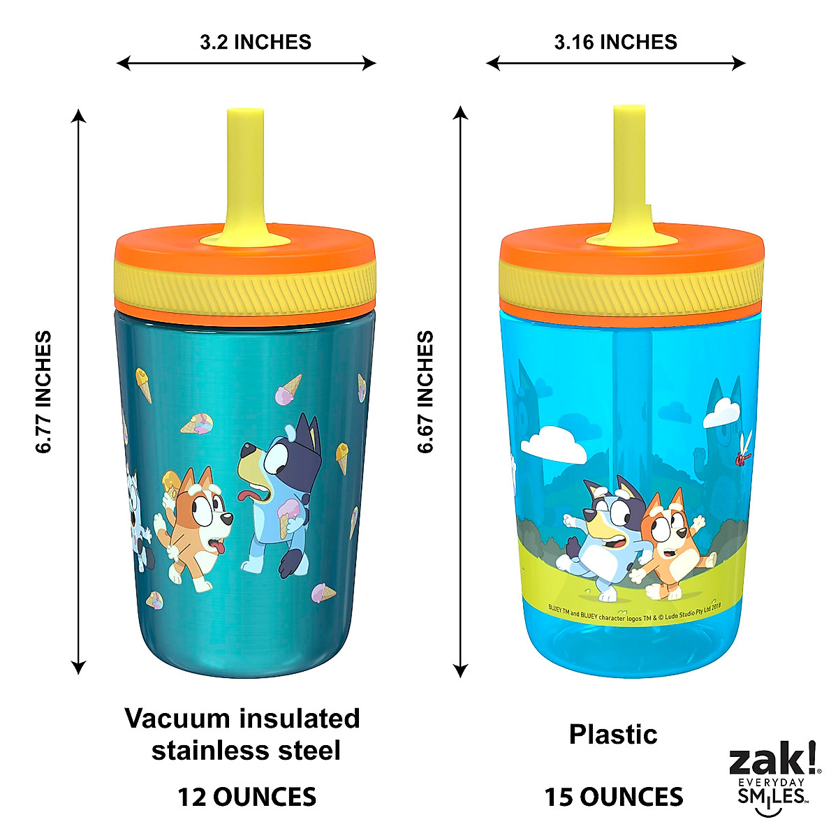 Zak Designs Bluey Kelso Tumbler Set, Leak-Proof Screw-On Lid with Straw, Bundle for Kids Includes Plastic and Stainless Steel Cups with Bonus Sipper, 3pc Set, Non-BPA