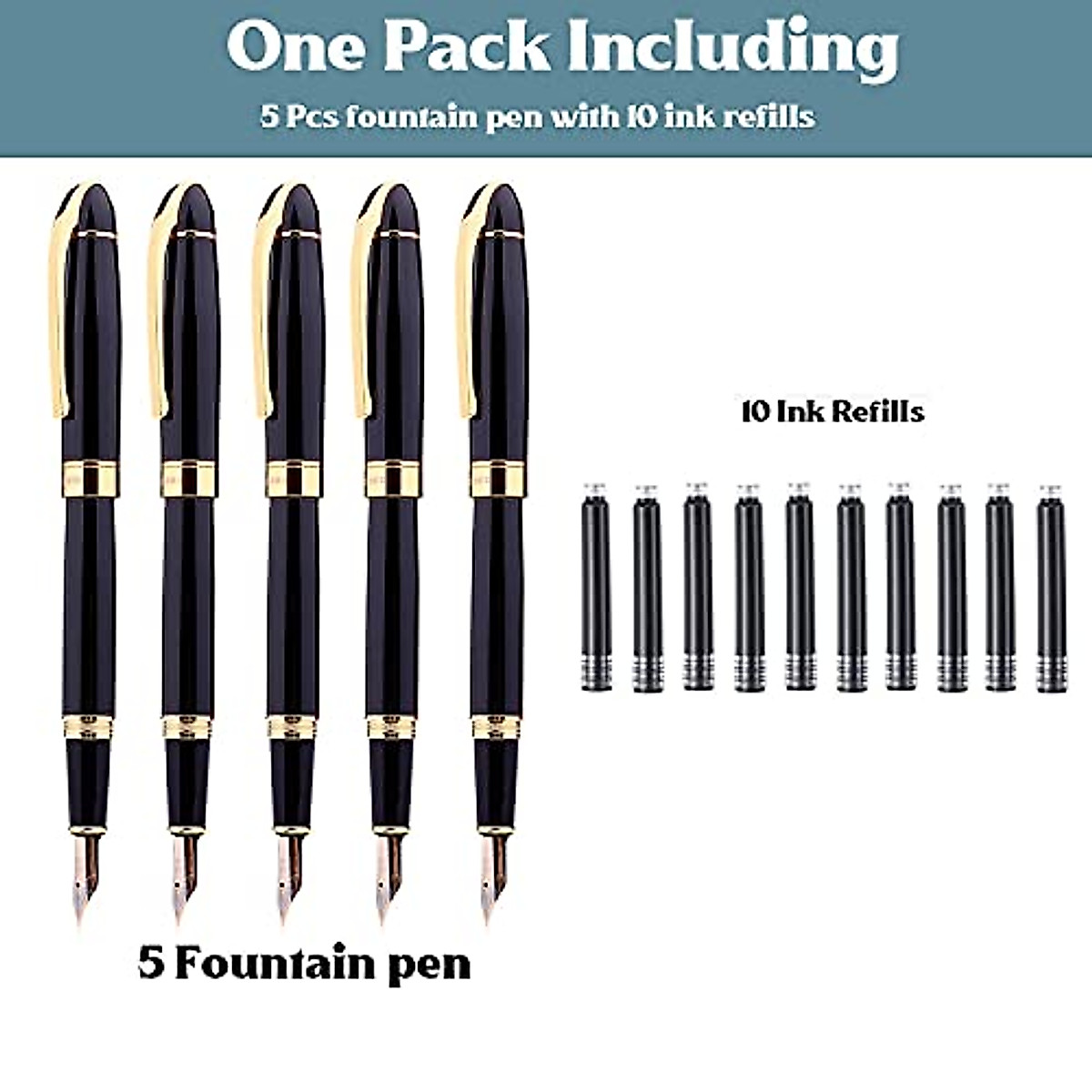 Ancolo Custom Black Fountain Pens-Luxury Refillable Elegant pens- with Extra10 Black Ink Refill, Engraved Personnal Name/Slogan/Phone Number, Perfect for Bank, Office, Hotel Lobbies 5 PCS/Pack