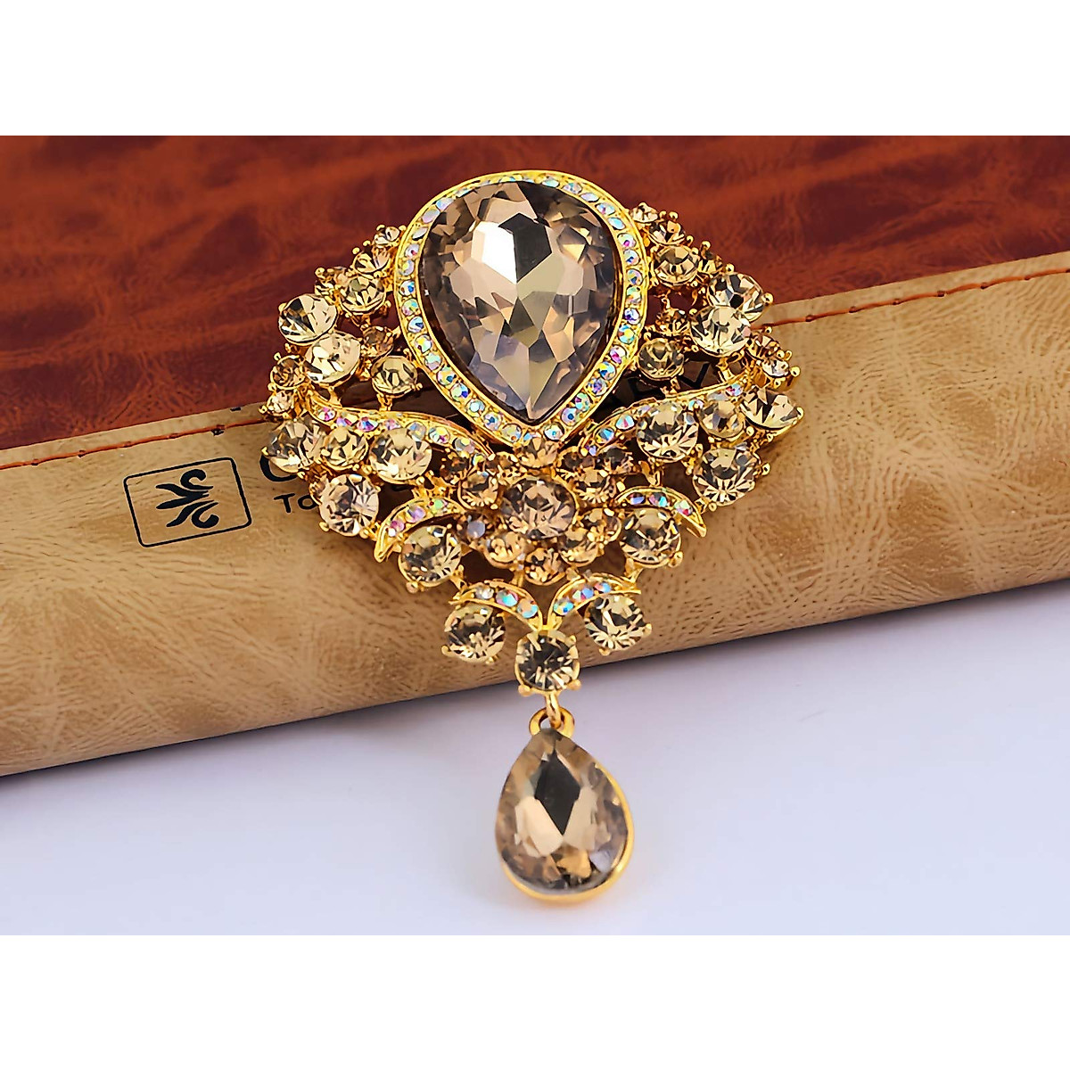 Wedding Bridal Big Crystal Rhinestone Bouquet Brooch Pin for Women (gold)