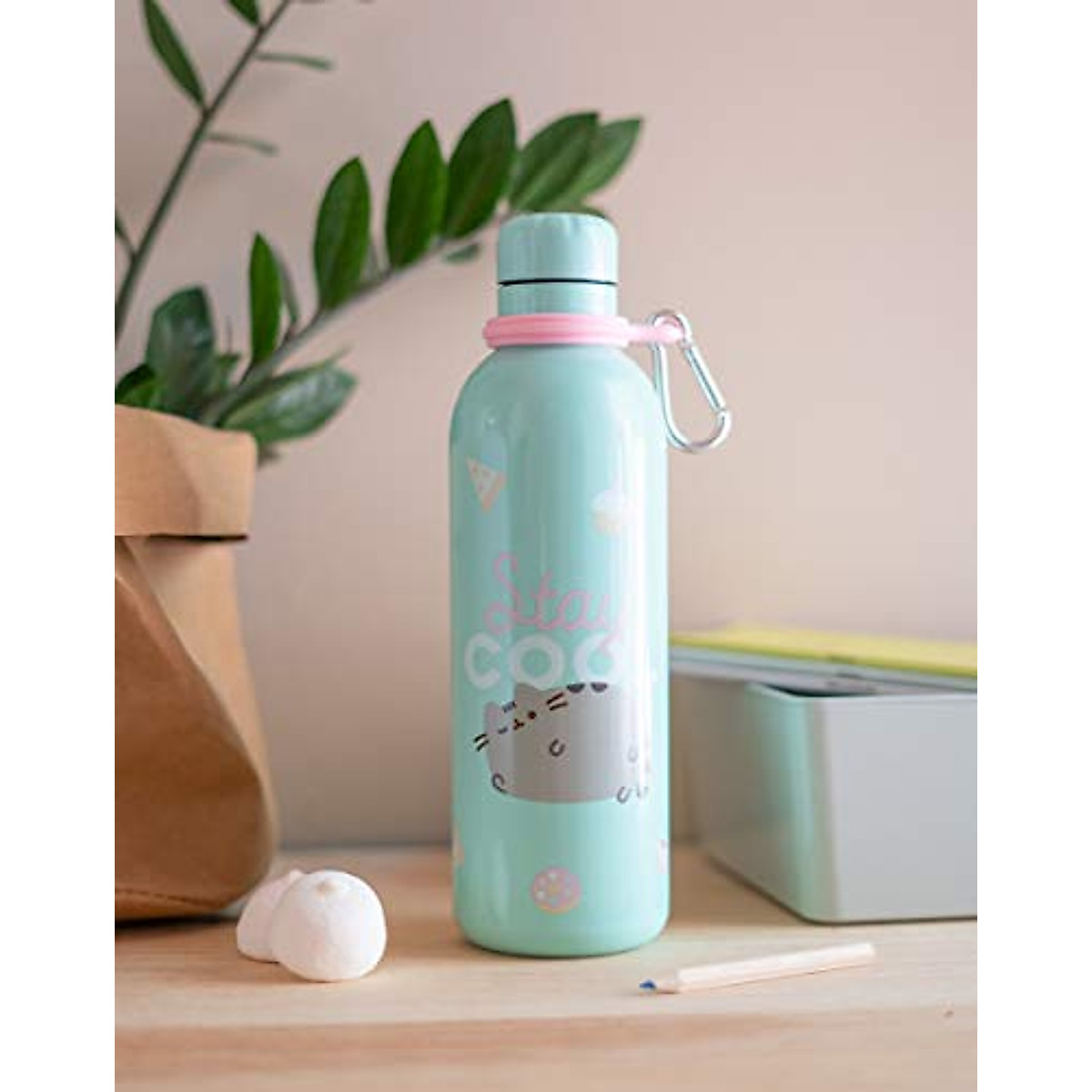 Grupo Erik Official Pusheen Water Bottle-Sports Bottle-500ml / 17OZ, Stainless Steel, Vacuum Insulated Water Bottle, Double Wall Reusable Water Bottle With Carabiner, BPA Free, Kawaii Water Bottle