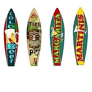 Bundle: Surfboard Wall Art Decor, Metal Drinks Beach Signs - Cold Beer Surfboard Sign, Tiki Bar Surfboard Sign, Margarita Surfboard Sign & Martinis Surfboard Sign