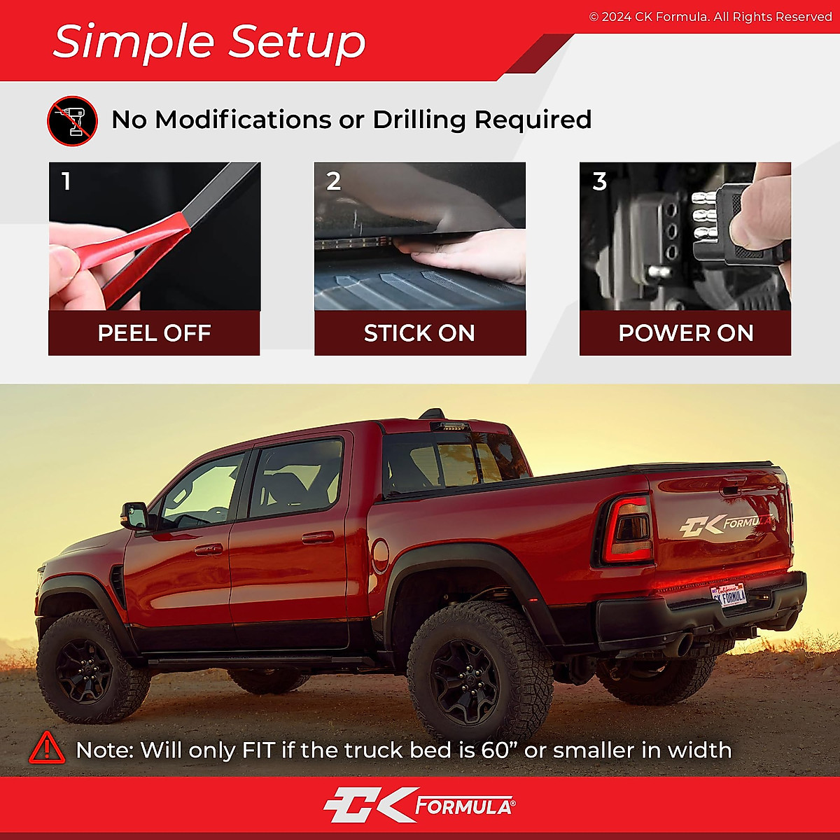 CK Formula 60 Inch LED Tailgate Light Bar for Trucks Single Row - Tailgate Light Strip, Red Turn Signal, Double Flash, Brake, Running, White Reverse Light, Truck Accessories, 1 Pack