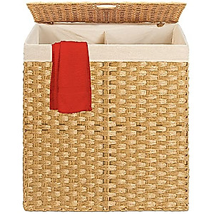 Best Choice Products Wicker Double Laundry Hamper, Rustic Divided Storage Basket w/Easy Assembly, Removable Washable Linen Liner Bag, Lid, Handles - Natural