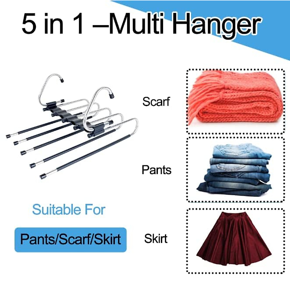 OKOMARSS Pants Hangers Space Saving, 2 Pack Stainless Steel Anti-Slip Multiple Layers Multifunctional Pants Hangers Uses Wardrobe Clothes Hangers for Pants Trousers Skirts Scarves (Black)