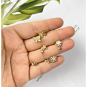 WAINIS 12pcs 20G Dangle Nose Rings Studs for Women Stainless Steel L Shaped Nose Studs Heart Arrow Feather Snowflake Wing CZ Dangling Nose Piercing Jewelry Gold