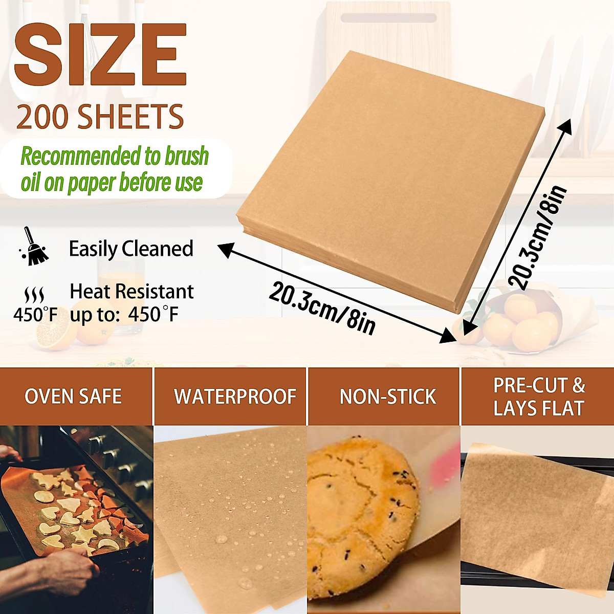 Tikxlafe 200 Pcs Parchment Paper Baking Sheets, 8"x8" Precut Non-Stick Baking Parchment Paper Sheets Bun Sheet Pan Liners.Baking Grilling Air Fryer Steaming Bread Cup Cake Cookie (Brown-8"x8")