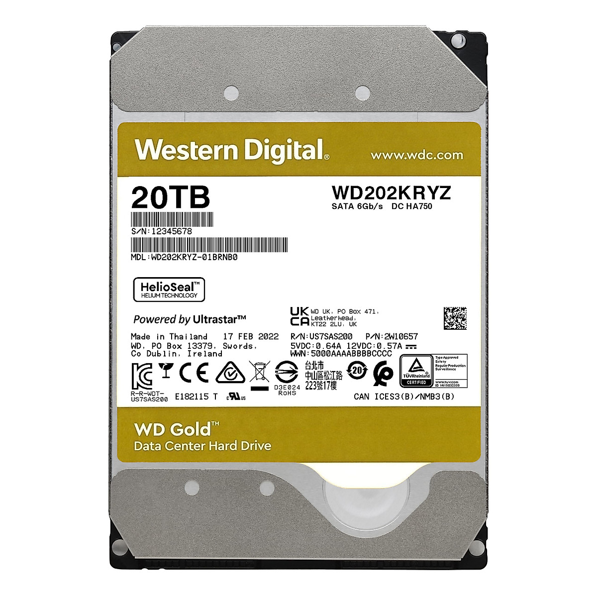 Western Digital 20TB WD Gold Enterprise Class SATA Internal Hard Drive HDD - 7200 RPM, SATA 6 Gb/s, 512 MB Cache, 3.5" - WD202KRYZ