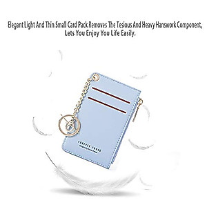 Small Wallets for Women Slim Leather Card Case Holder Wallet Coin Change Purse with Keychain (Blue)