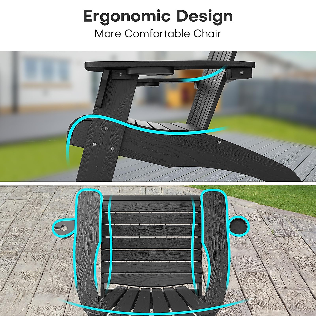 Cecarol Oversized Adirondack Chair Plastic, Outdoor Fire Pit Chair with Cup Holder, Adirondack Patio Chair Weather Resistant for Outside, Porch, Lawn, Garden- AC01, Black(Wood Grain)
