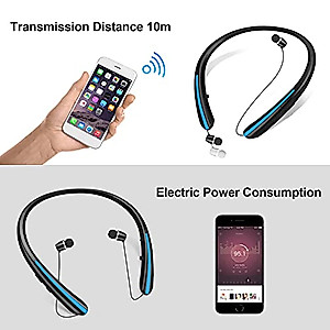 Bluetooth Headphones Retractable, Wireless Neckband Headset with Sweatproof Stereo Earbuds CVC 8.0 Noise Cancelling Call Vibrate Alert Earphones (Blue)