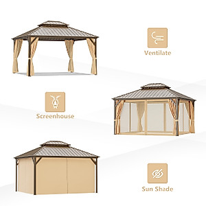 LATTOY 12'x14' Permanent Hardtop Gazebo, Outdoor Galvanized Steel Double Roof Pavilion Pergola Canopy with Aluminum Frame and Privacy Curtains for Garden Patio,Patio Backyard,Deck and Lawns