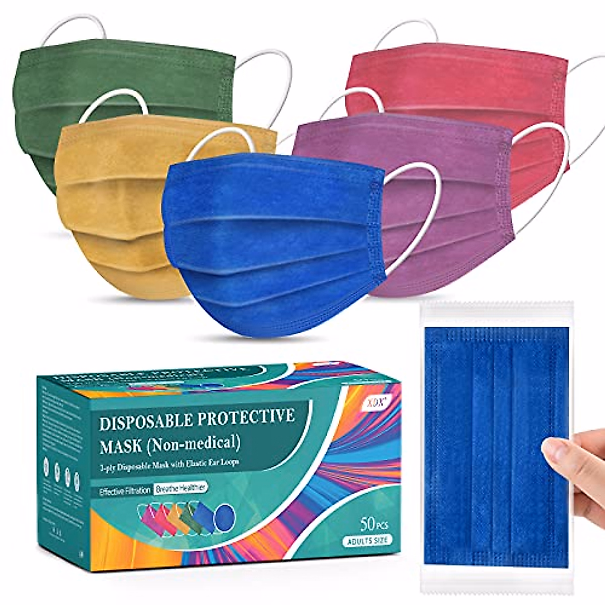 XDX Disposable Face Masks Individually Wrapped, 50PCS Face Mask for Women Men 3-Ply Protective Breathable Multicolored Design for Adults (50PCS, 5 Colours)