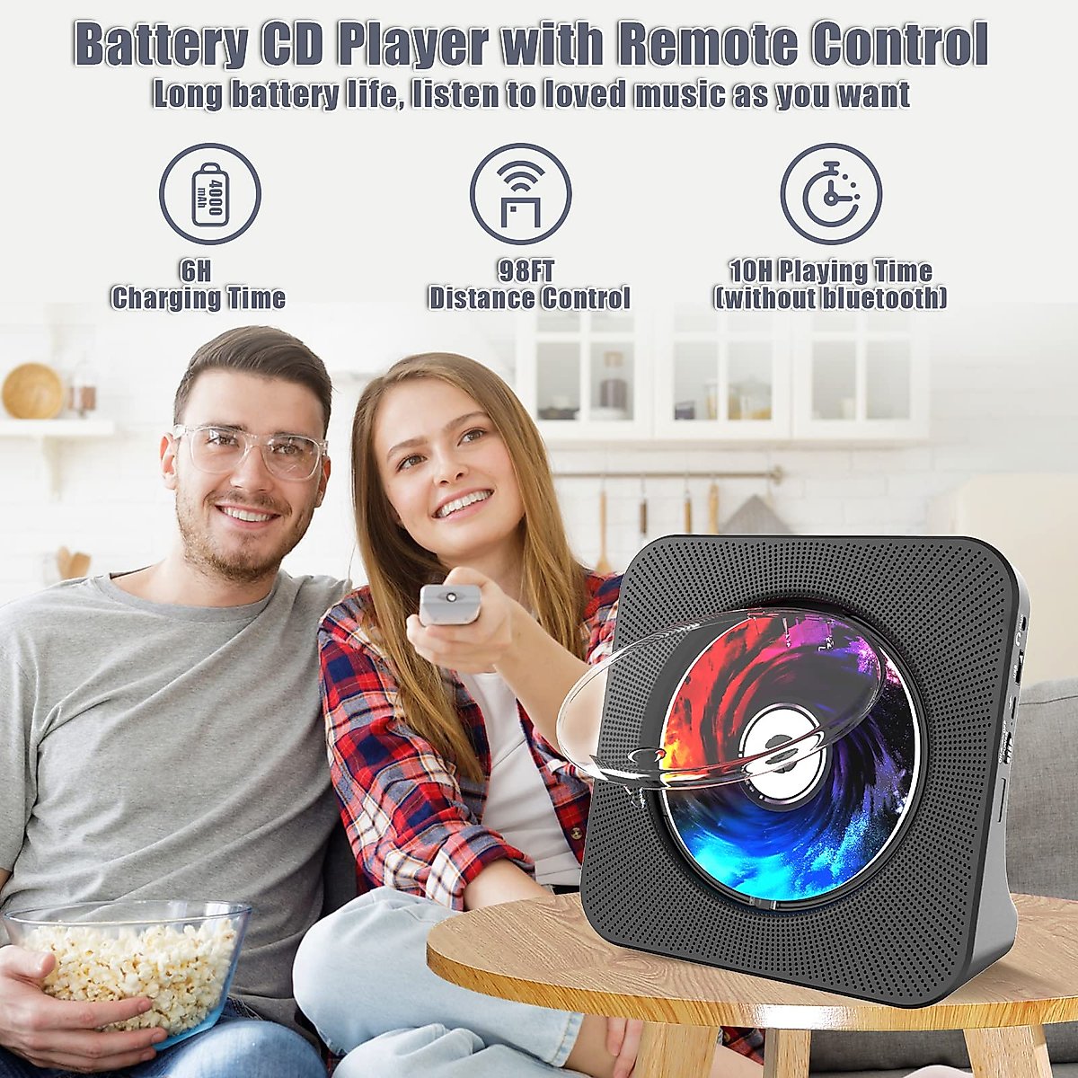 Fohil Portable CD Player with Bluetooth, 4000mAh Rechargeable Desktop CD Music Player for Home with Built-in Double HiFi Sound Speakers, Battery LED Screen CD Player Support AUX&USB FM Radio