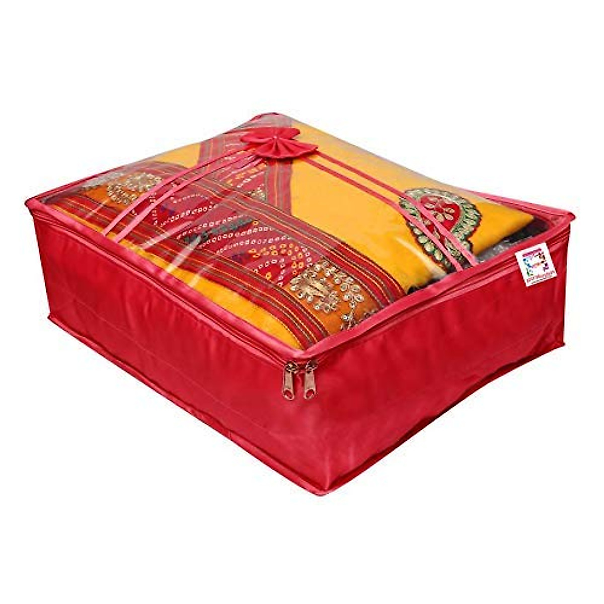 atorakushon Fabric Satin Saree and Blouse Covers Garments Clothes Storage Bag Wardrobe Organizers With Double Zip Lock & Transparent Window Set of 5 Maroon