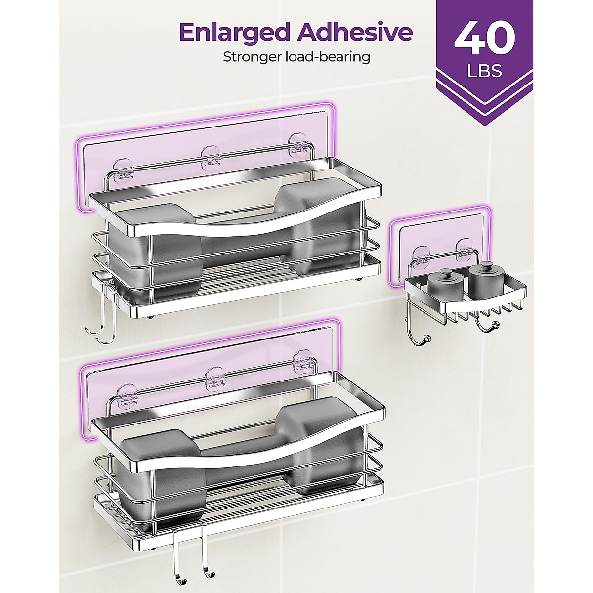 ODesign Adhesive Shower Caddy No Drilling with Soap Dish 3 Tiers Stainless Steel Shower Organizer for Shampoo Conditioner Bathroom Organizer Accessories with Removable Hooks Wall Mounted - RUSTPROOF