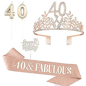 40th Birthday Decorations for Women - Aprince 40th Birthday Crown Tiara & Sash, Cake Topper and Candles Set, Rose Gold Birthday Gift for Women