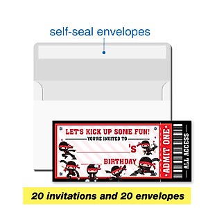 VAHATAN Ninja Birthday Party Invitations 20 Pack Ninja Ticket Invitations with Envelopes Invites Cards for Birthday Party