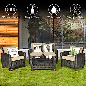 Tangkula 4 Piece Patio Rattan Furniture Set, Onesize, Beige