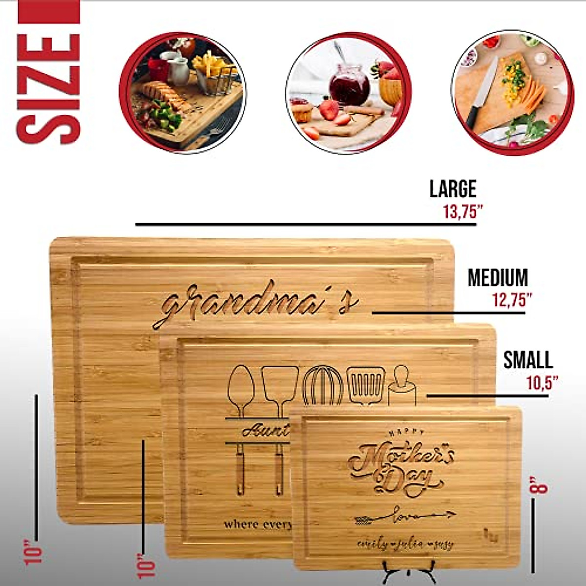 Personalized Cutting Board for Mom or Grandma, Custom Engraved Kitchen Gift, Customized Mom and Grandma Gift from Daughter or Son, Kitchen Sign with Stand, 12 Designs and 3 Sizes