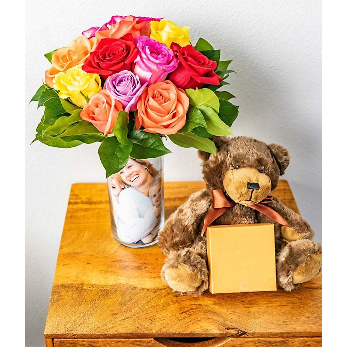 From You Flowers - One Dozen Rainbow Roses with Chocolates & Bear with Free Vase (Fresh Flowers)