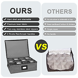 Cup and Mug Storage Box 2Pack, 12 Cells China Storage Containers for Tea Cups and Coffee Mugs with Zipper Lid and Rivet Reinforced Handles, Hard Shell and Stackable (Black)