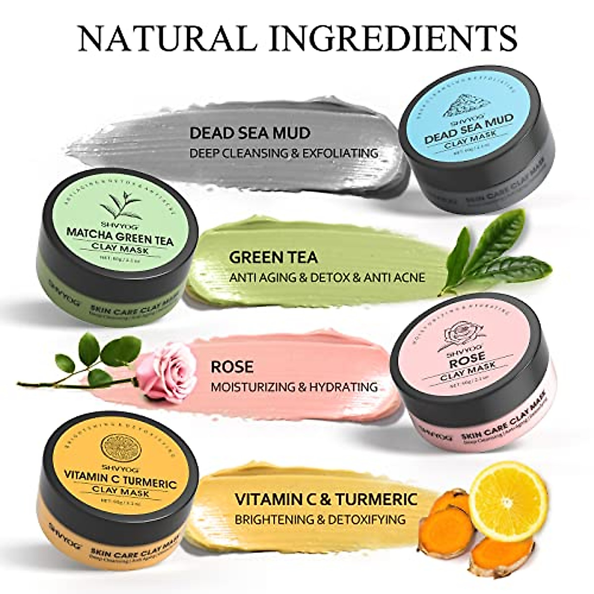 4 Pcs Clay Mask Set, Turmeric Vitamin C Clay Mask , Green Tea Mask, Dead Sea Mud Mask, Rose Clay Mask, Skin Care Face Mask Clay Facial Mask for Deep Cleansing, Moisturizing and Refining Pores (240g in Total)